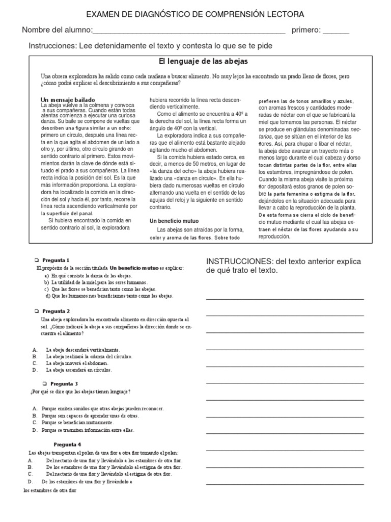 Examen de Diagnóstico de Comprensión Lectora | PDF | Abejas | Flores