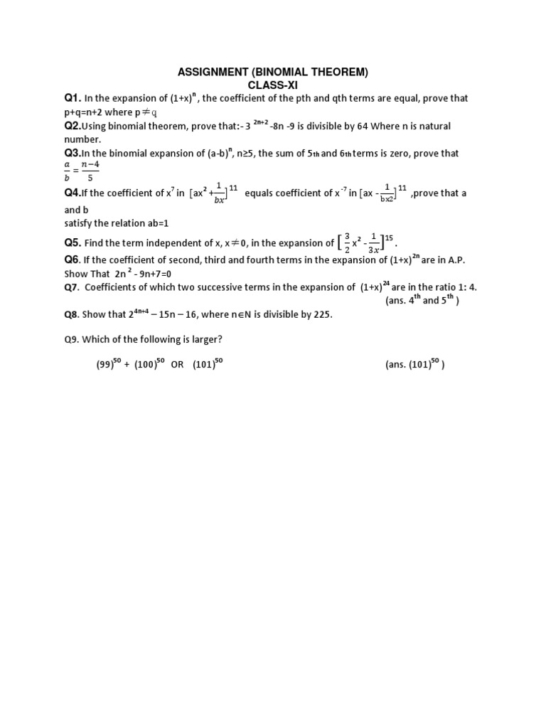 Binomial Theorem Assignment for Class XI | PDF