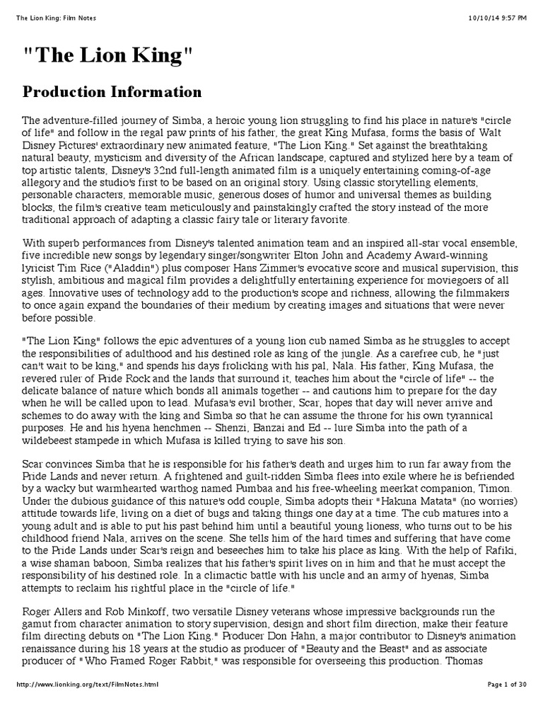 The Lion King: Film Notes | PDF | Animation | Leisure