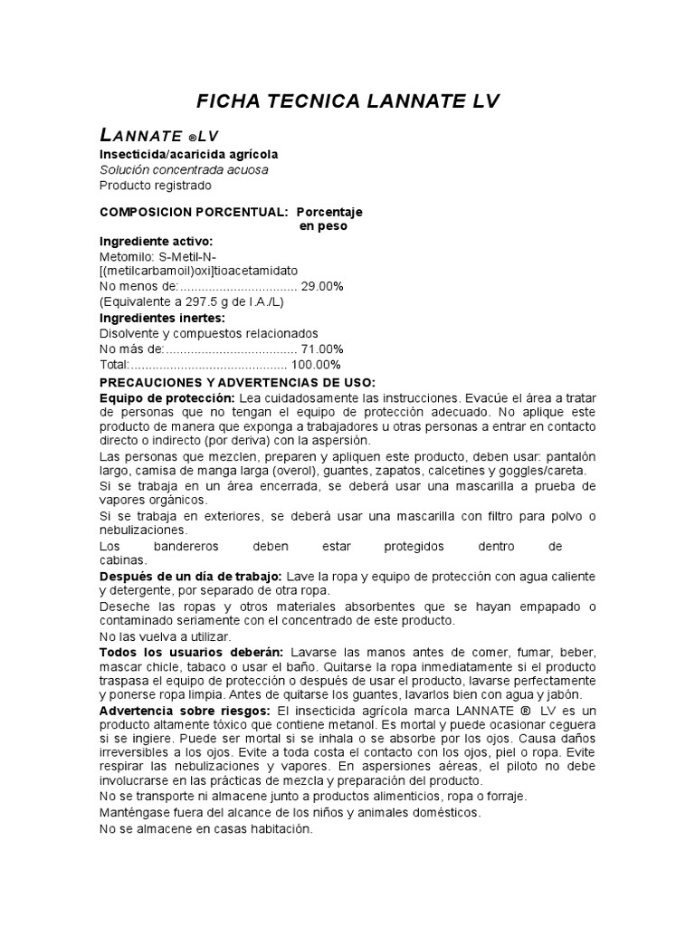 Ficha Tecnica Lannate LV L | Plaga (organismo) | Pesticida
