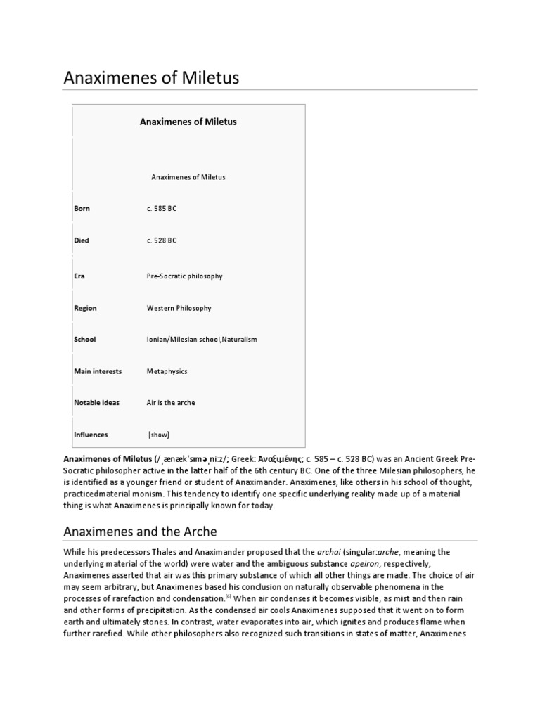 Anaximenes of Miletus: Air as Arche | PDF | Metaphysics | Ancient Greek ...
