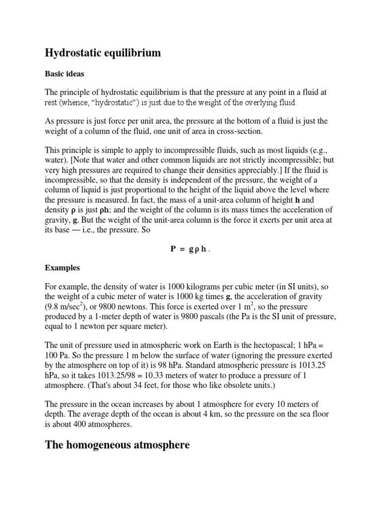 Hydrostatic Equilibrium | PDF | Pascal (Unit) | Pressure