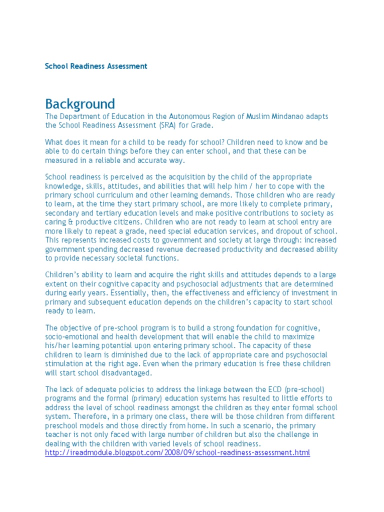 School Readiness Assessment | PDF | Educational Psychology | Cognition