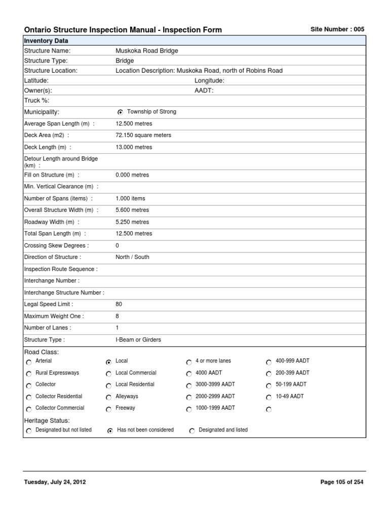 Ontario Structure Inspection Manual - Inspection Form 22 | PDF ...