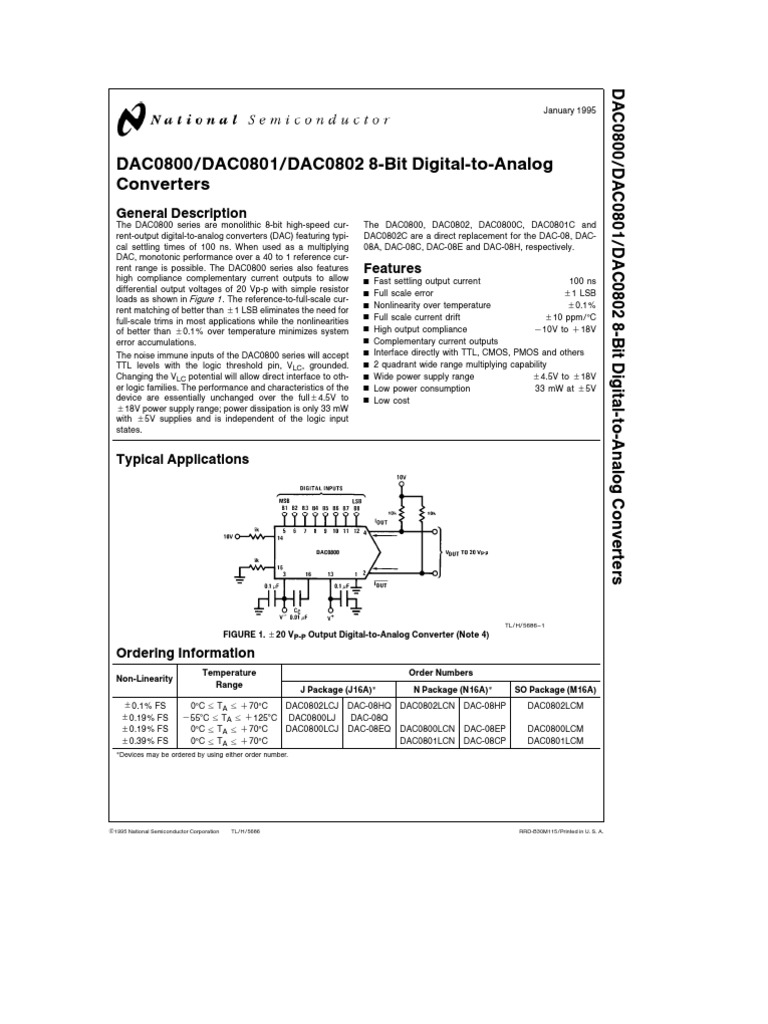 DAC0800 DAC0801 DAC0802 8-Bit Digital-To-Analog Converters | PDF