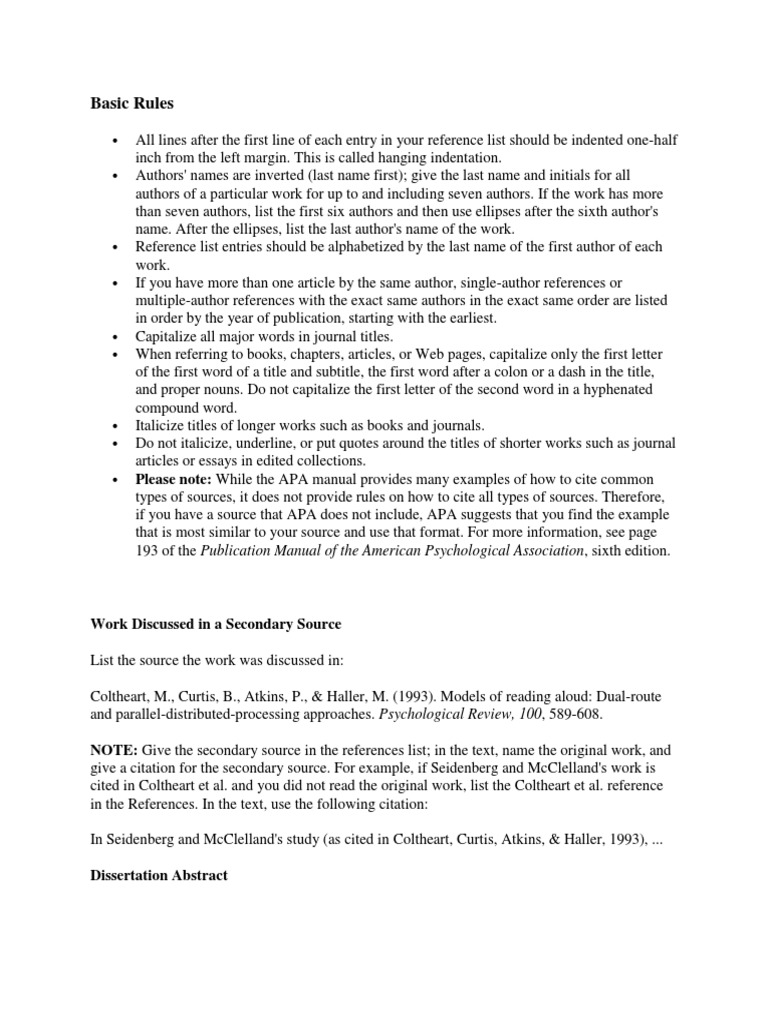 Basic Rules: Please Note: While The APA Manual Provides Many Examples ...