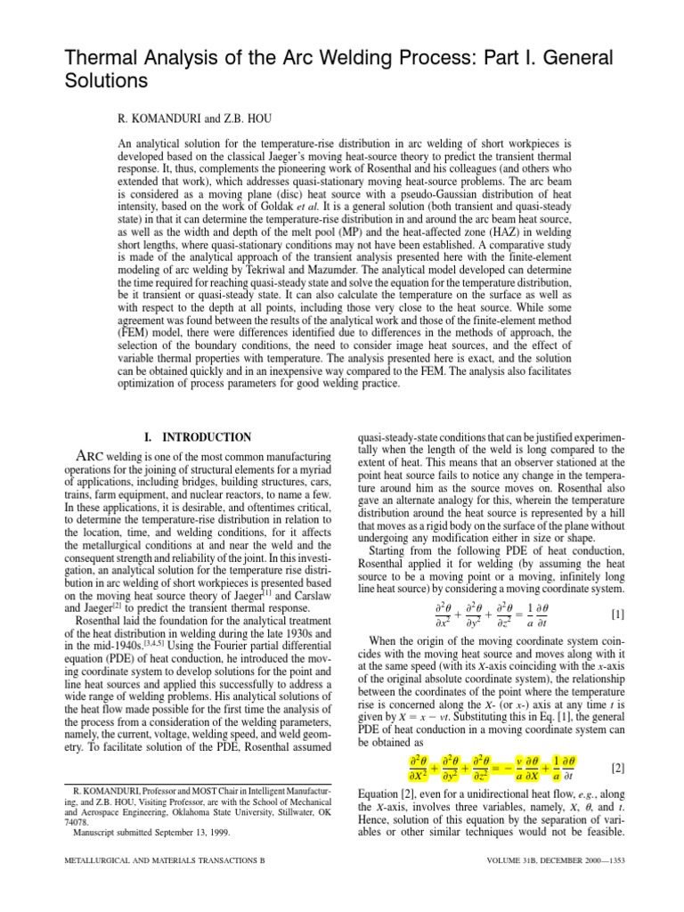 Thermal Analysis of The Arc Welding Process Part I. General Solutions ...