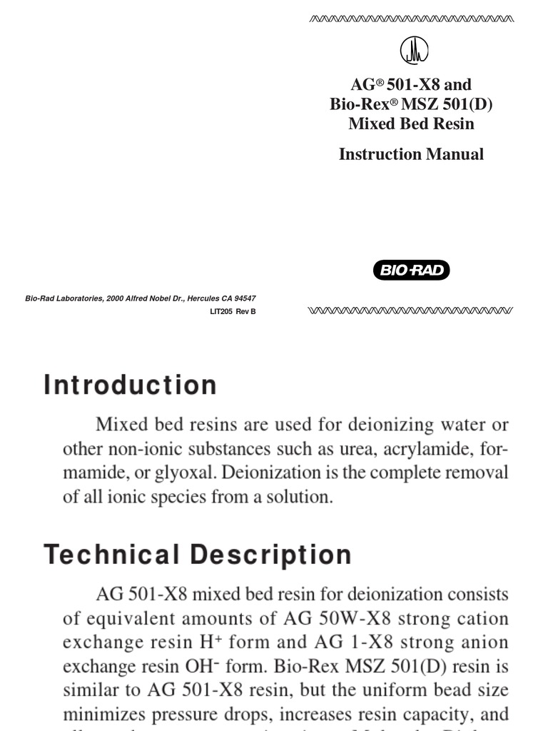 Bio-Rex Resin Instructions | PDF | Purified Water | Ion Exchange