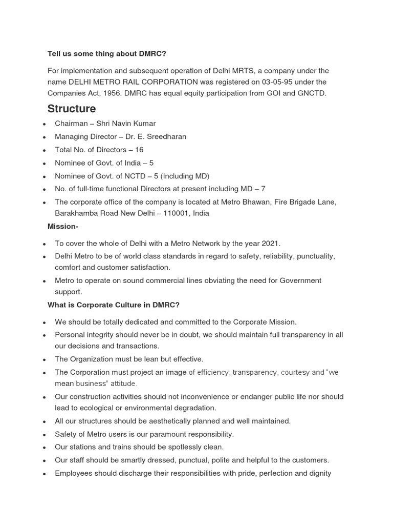 Structure: Tell Us Some Thing About DMRC? | PDF | Rapid Transit | Land ...