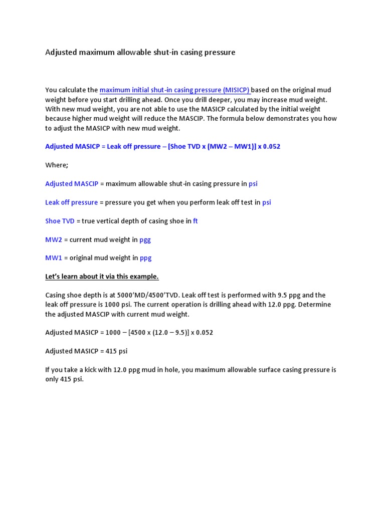 Adjusted Maximum Allowable Shut-In Casing Pressure | PDF | Casing ...