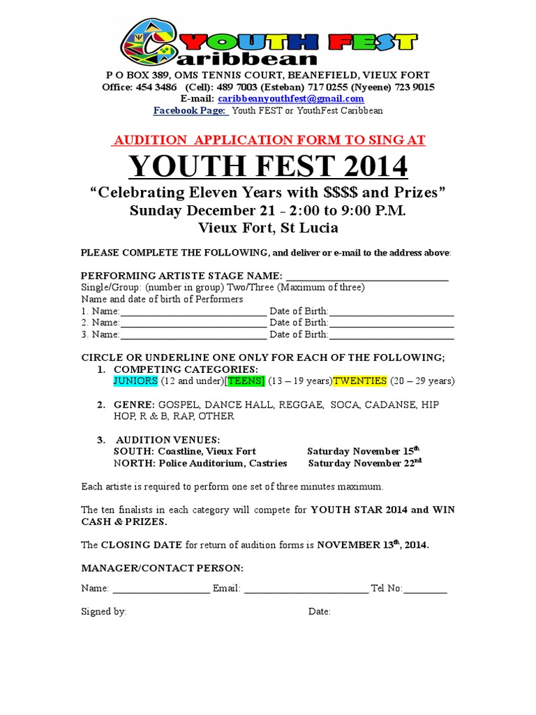 Youthfest 2014 - Audition Application Form | PDF