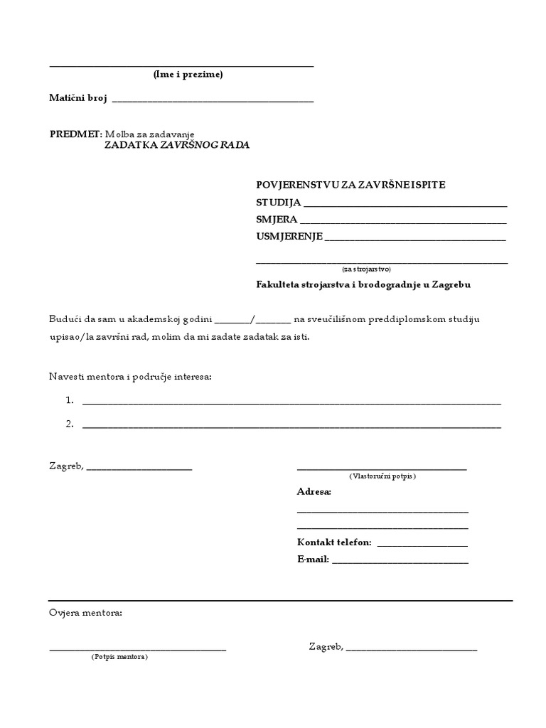 Molba Za Zavrsni Rad FSB | PDF