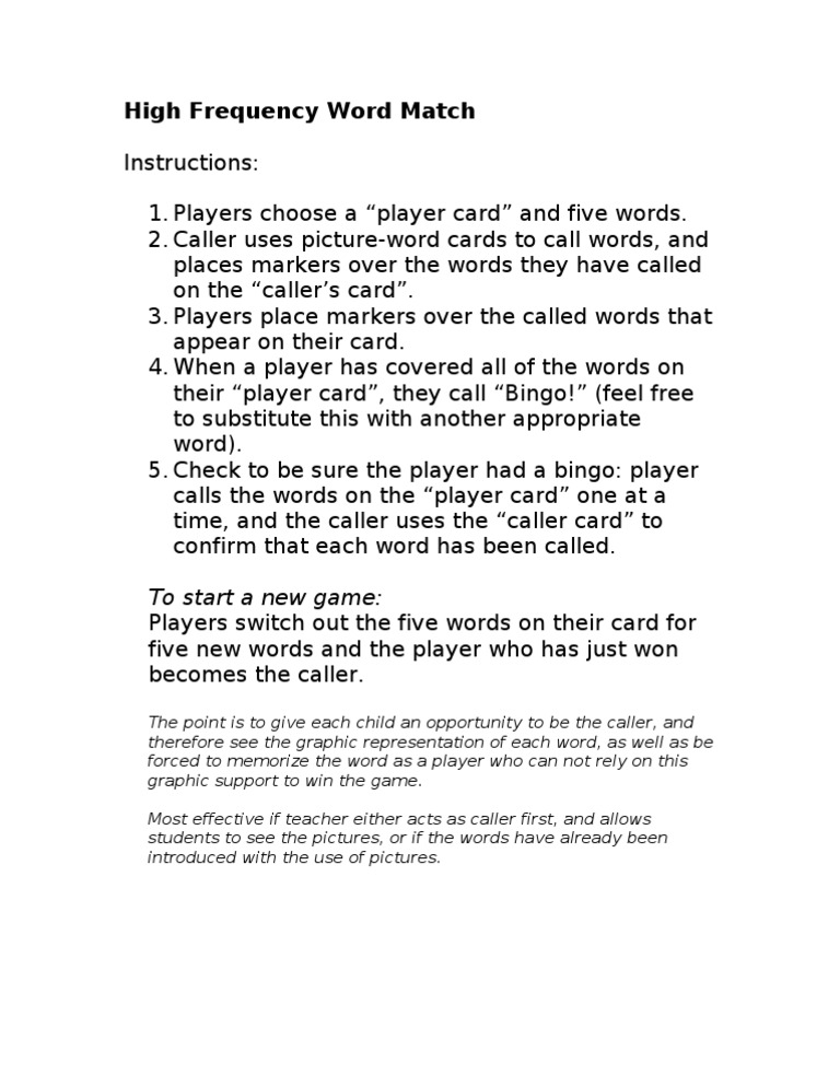 High Frequency Word Bingo Game | PDF