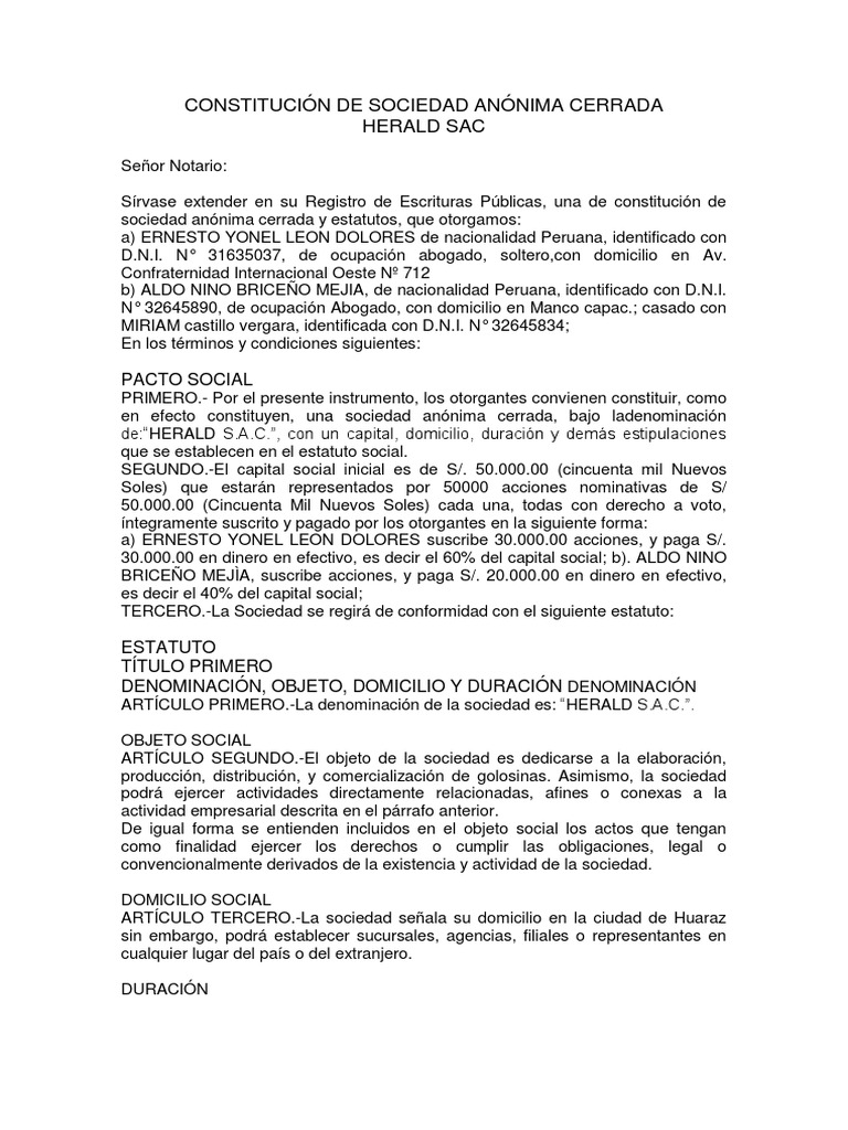 Constitución de Sociedad Anónima Cerrada | PDF | Dividendo | Liquidación