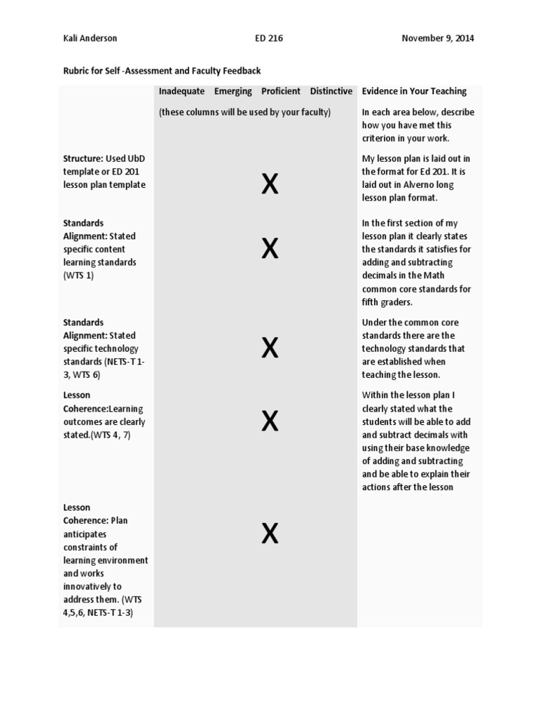 Teaching Self-Assessment Rubric | PDF | Lesson Plan | Educational ...