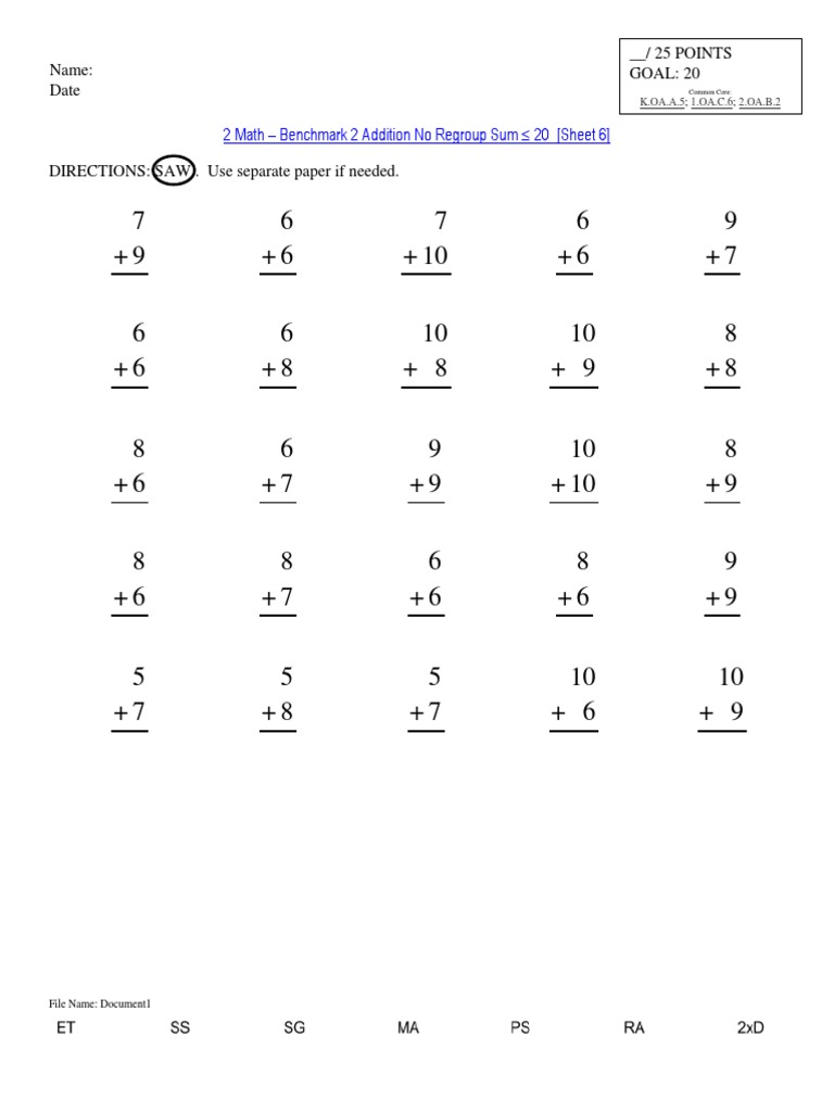 2 Math - Benchmark 2 Addition No Regroup Sum 20 | PDF | Teaching ...