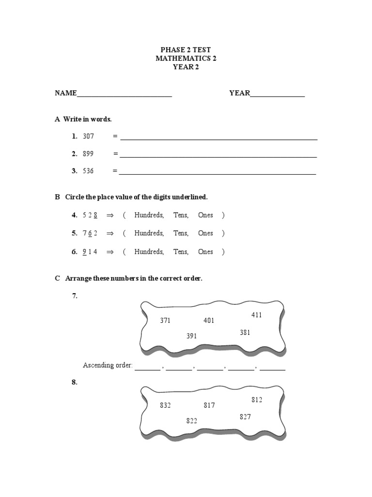 Year 2 Math Test: Numbers & Place Value | PDF