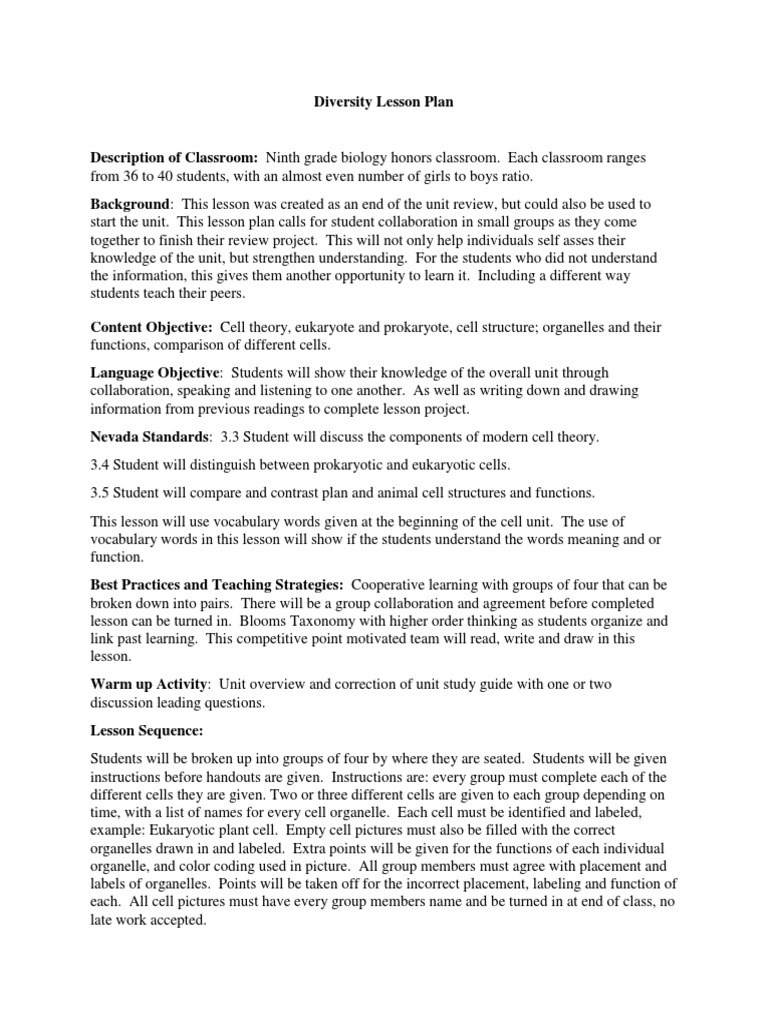 Diversity Lesson Plan | PDF | Lesson Plan | Cell (Biology)