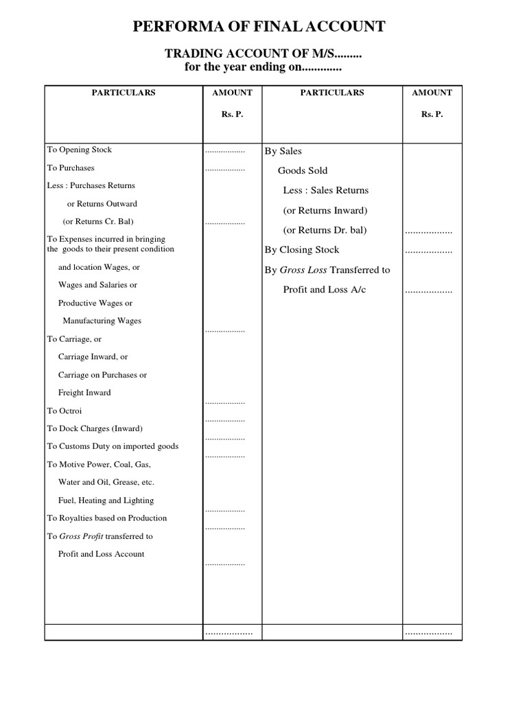 Performa of Final Account | PDF | Bad Debt | Expense