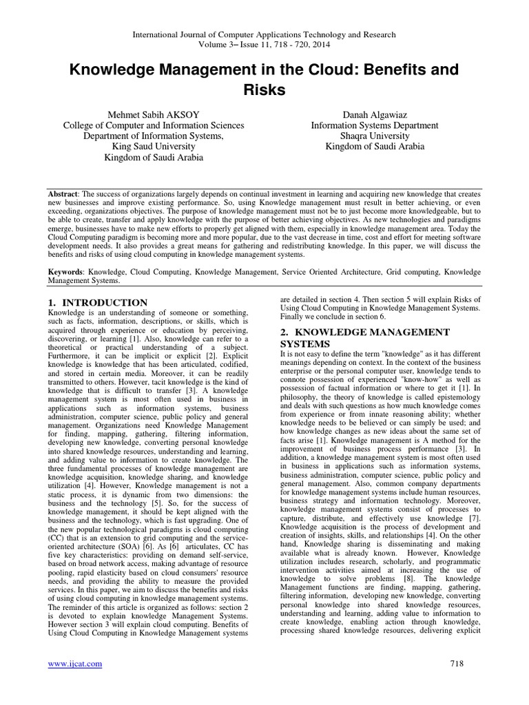 Knowledge Management In The Cloud Benefits And Risks Pdf Software
