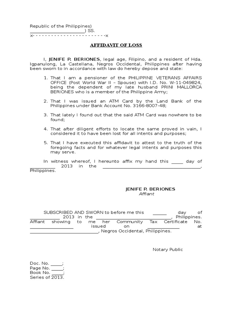 Affidavit of Loss Jenife P. Beriones Atm Card | PDF