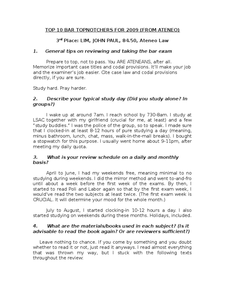 Ateneo Bar Exam Topnotchers 2009 Tips | PDF | Jurisprudence | Test ...