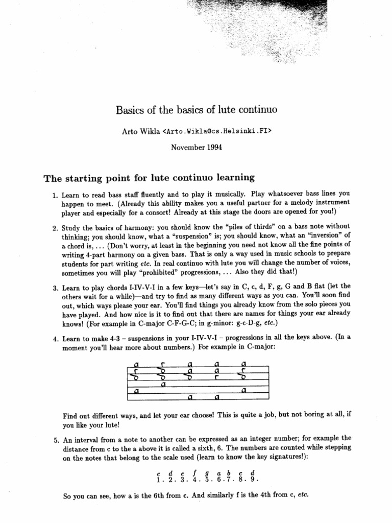 Basics of The Basics of Lute Continuo 1994 Wikla, Arto Laúd 8 Páginas ...