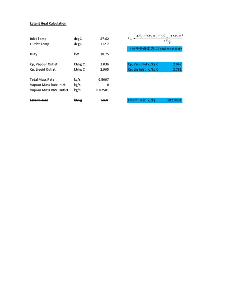 Latent Heat Calculation: T F V CP F V CP H | PDF
