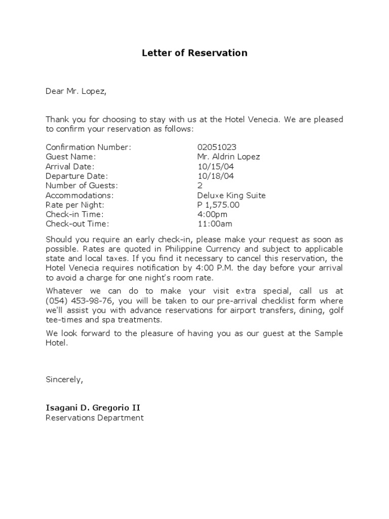 Letter of Reservation Sample | PDF | Résumé | Master Of Business ...