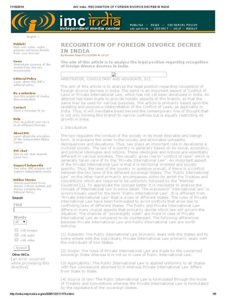 Imc India - Recognition of Foreign Divorce Decree in India | PDF ...