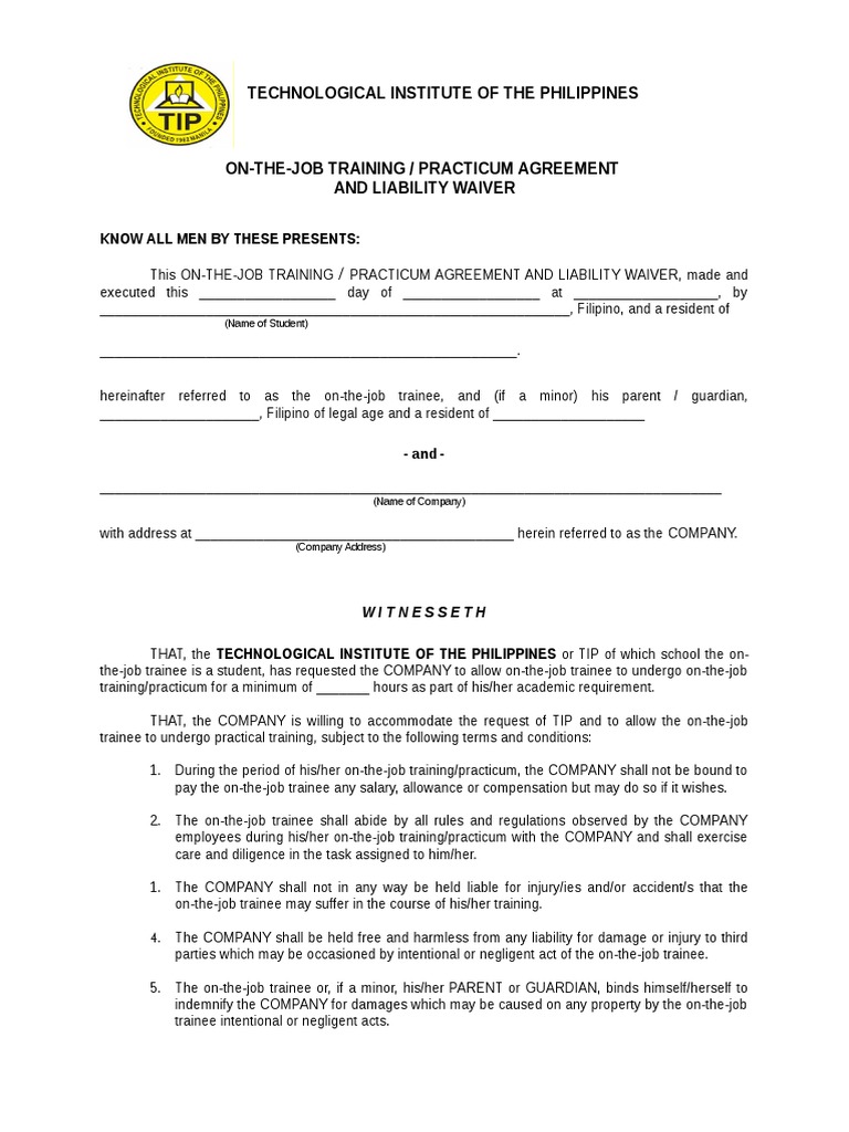 Ojt Practicum Agreement and Liability Waiver | PDF | Civil Law (Legal System) | Virtue