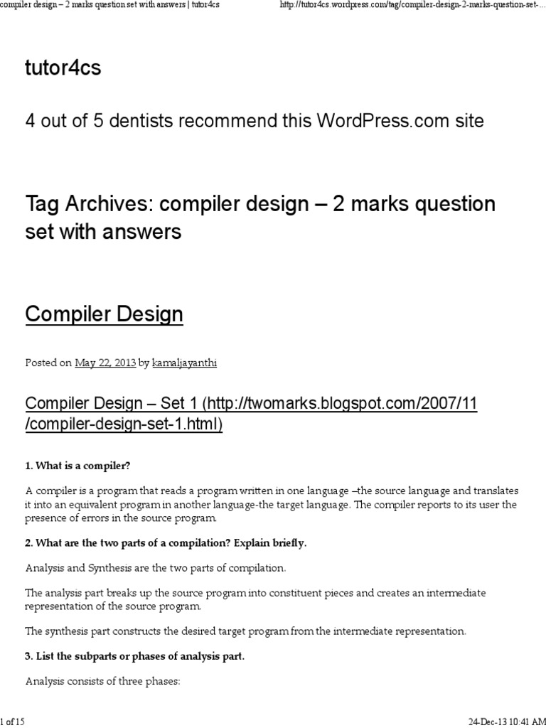 Compiler Design 2 Marks Question Set With Answers Tutor4cs Pdf Pdf Parsing Compiler
