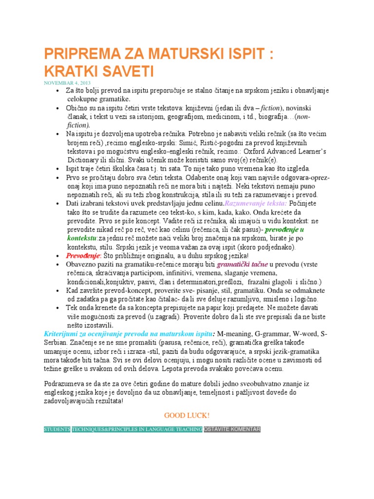 Priprema Za Maturski Ispit | PDF