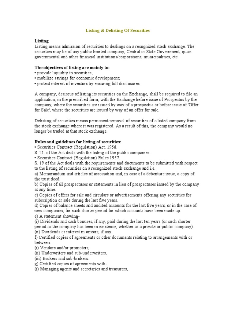 Listing & Delisting of Securities Listing Listing Means Admission of ...