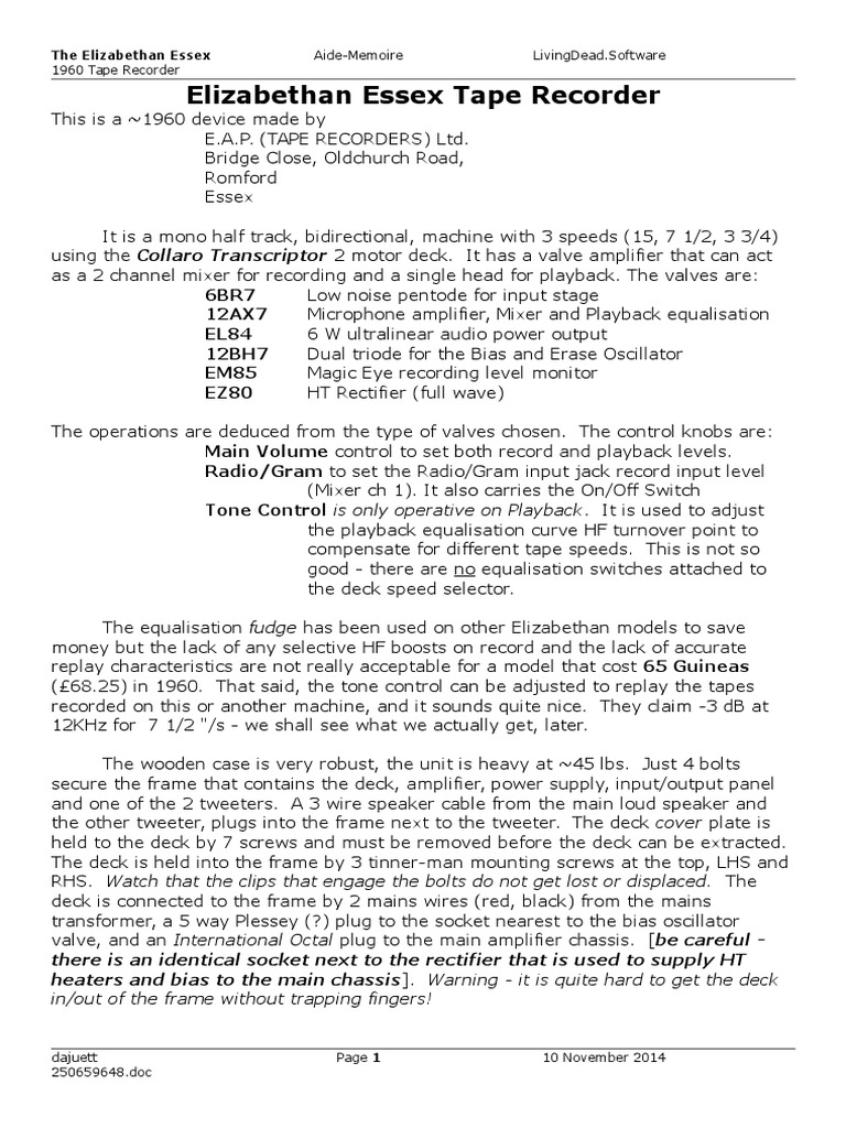 Elizabethan Essex Valve Tape Recorder | PDF | Electrical Connector ...