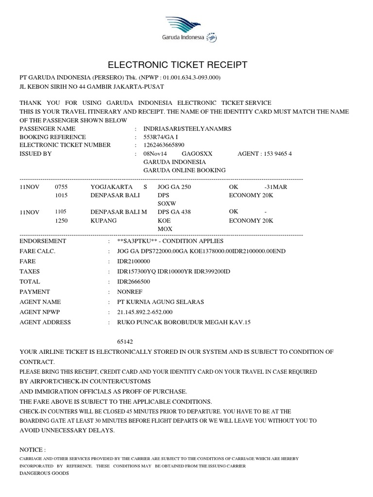Garuda Indonesia E-Ticket Receipt | PDF