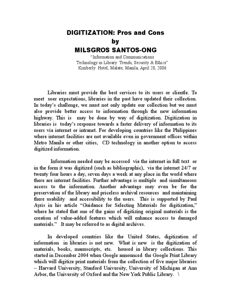 Digitization Pros N Cons | PDF | Digitizing | Digital Library