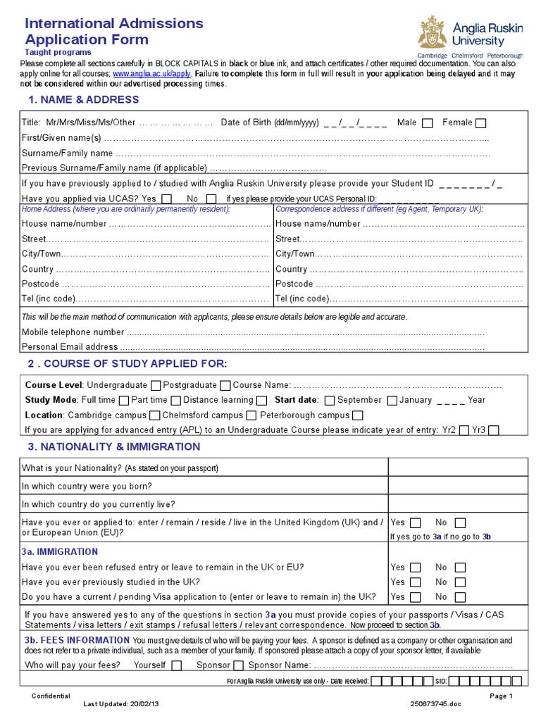 International Admissions Application Form: 1. Name & Address | PDF | Travel Visa | Passport