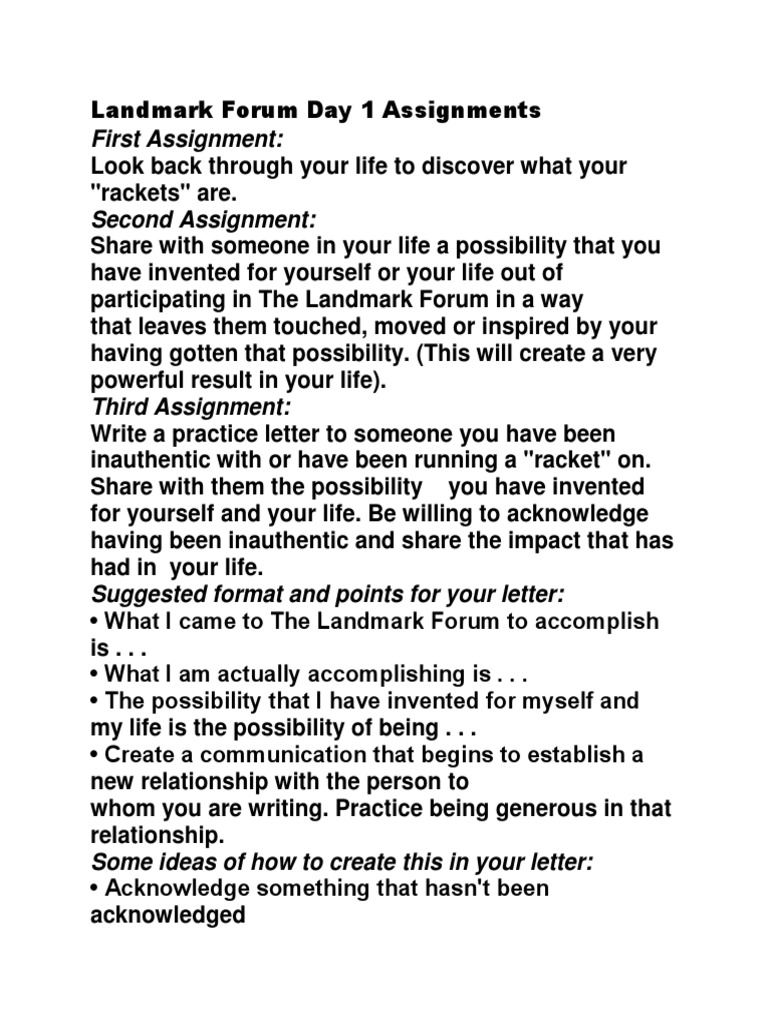 Landmark Forum Day 1 Assignments | PDF | Psychological Concepts | Cognition