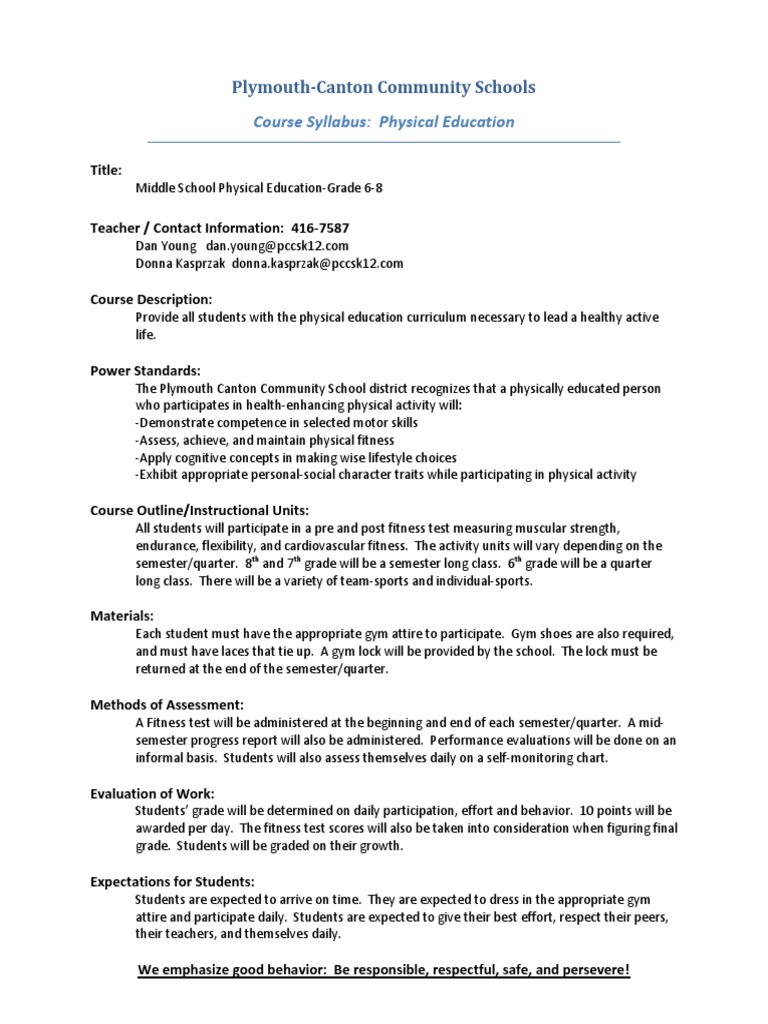 Middle School PE Syllabus: Grades 6-8 | PDF | Lifestyle