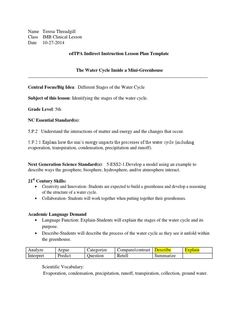 Imb Science Lesson Plan Water Cycle | PDF | Water Cycle | Water Vapor