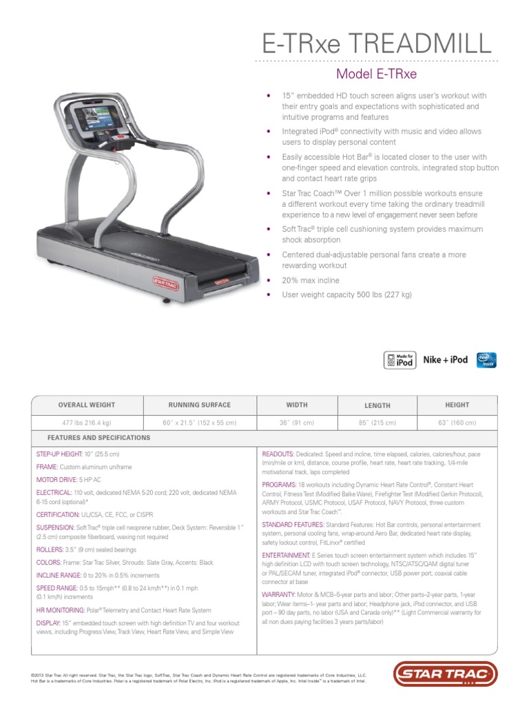 E TRxe Treadmill Spec Sheet | PDF | Treadmill | High Definition Television