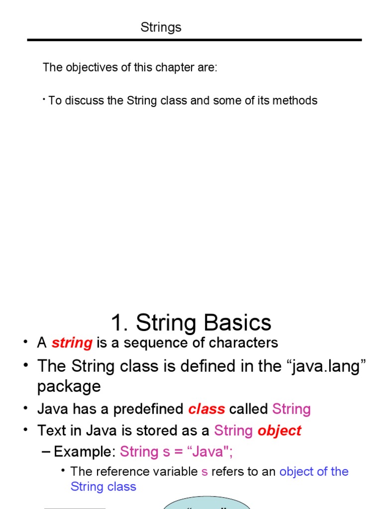 Strings: The Objectives of This Chapter Are: To Discuss The String Class and Some of Its Methods ...