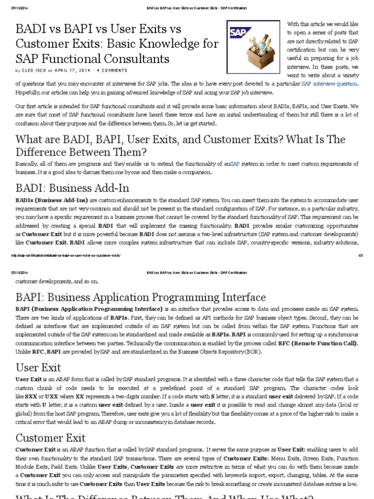 BADI Vs BAPI Vs User Exits Vs Customer Exits - SAP Certification | PDF | Application Programming ...
