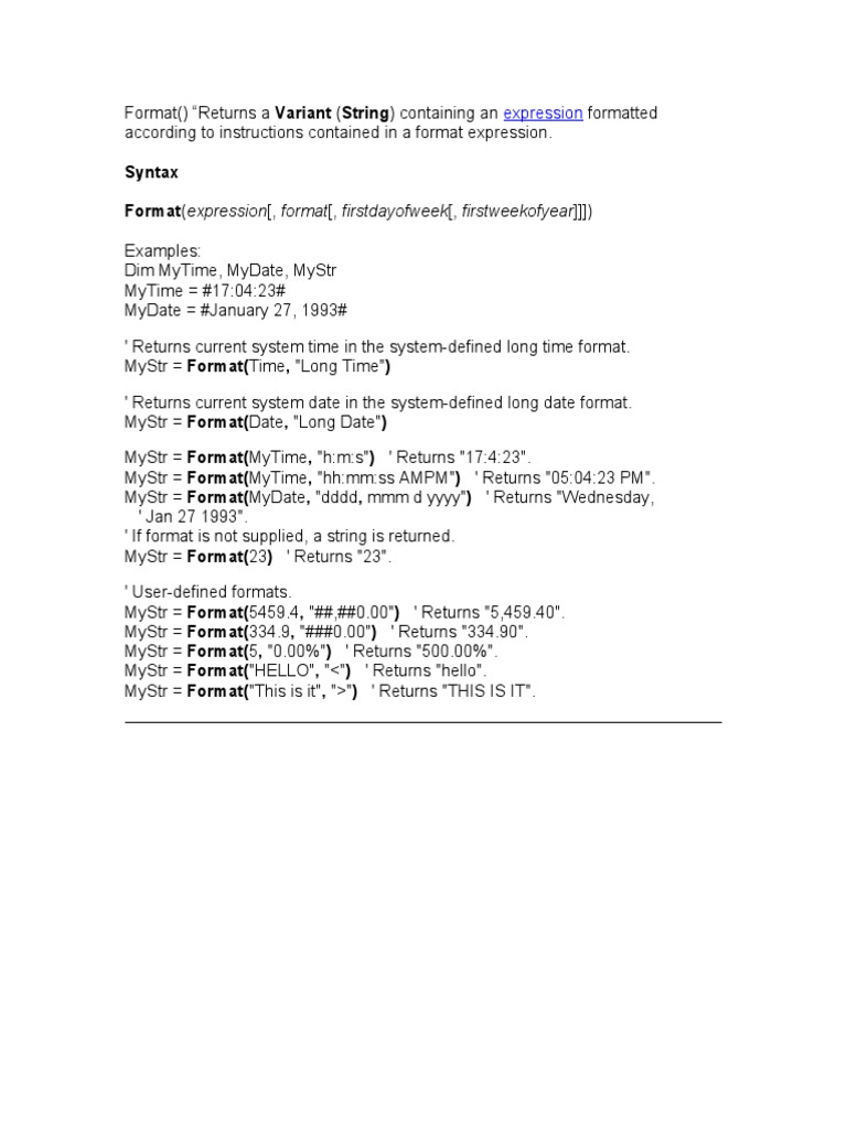 Syntax Format (Expression (, Format (, Firstdayofweek ...