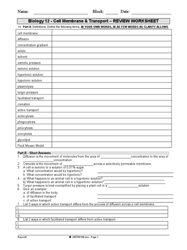 Worksheet - Cell Membrane - Review Worksheet | PDF | Osmosis | Cell ...