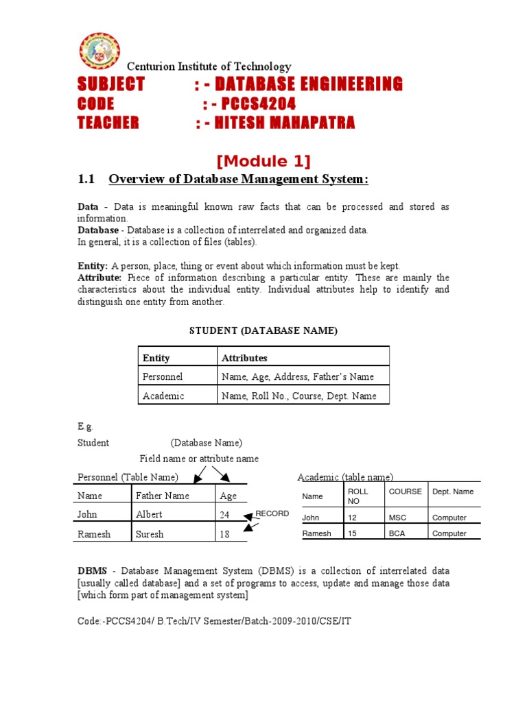 DBMS Lecturer Note of 1st Module According To BPUT | PDF | Databases | Conceptual Model
