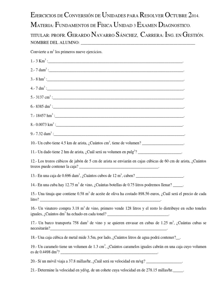Ejercicios de Conversión de Unidades para Resolver | PDF