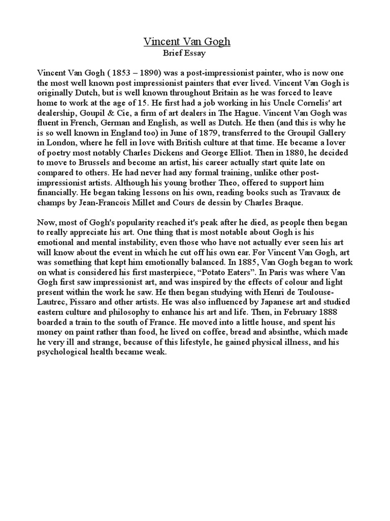 Vincent Van Gogh Essay | PDF | Vincent Van Gogh | Paintings