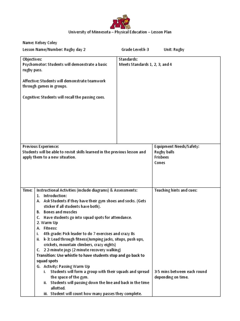 Rugby Lesson Plan for K-3 Students | PDF